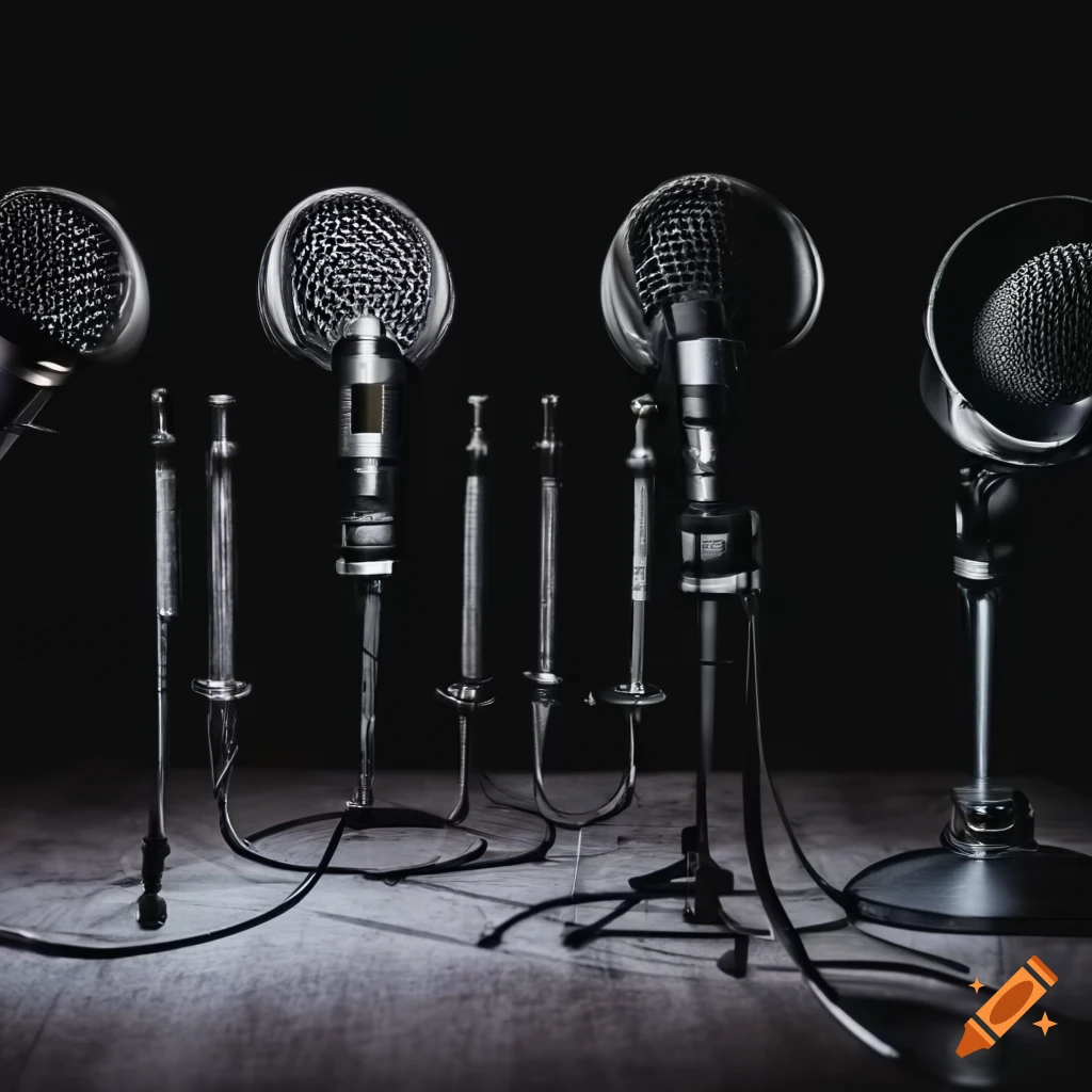 Multiple microphones on a table in a dark room on Craiyon