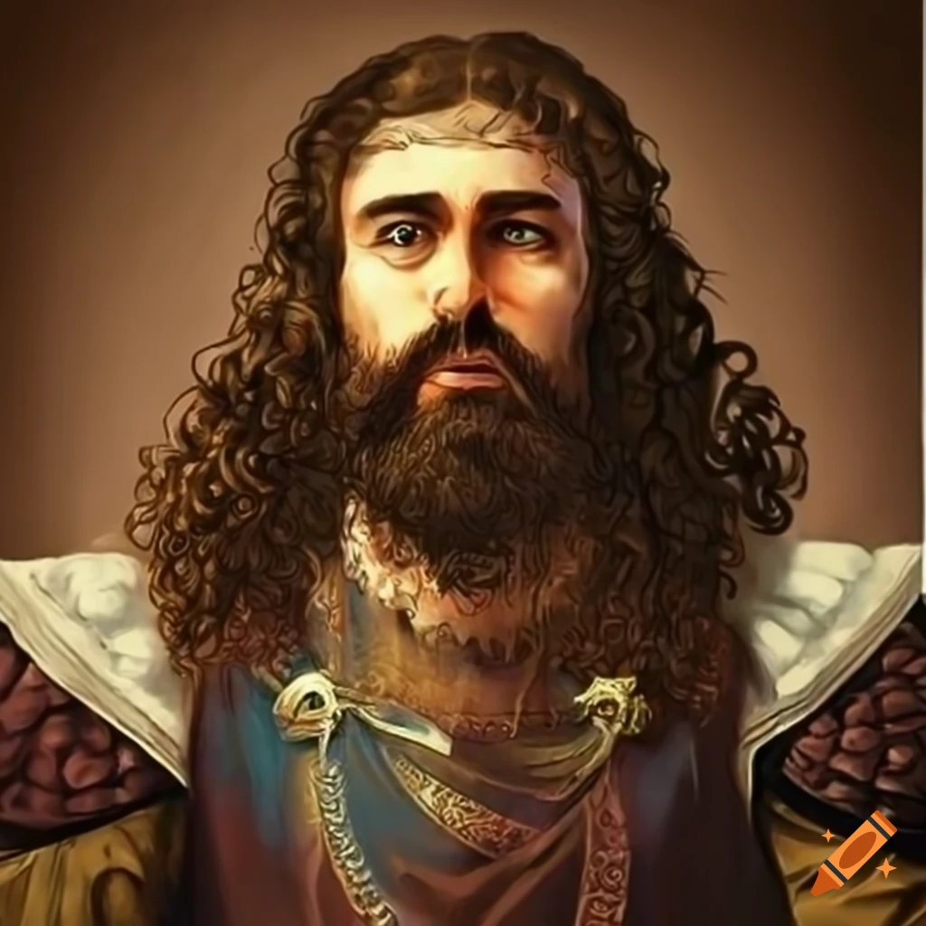 Young king with beard and brown hair in a fantasy setting on Craiyon