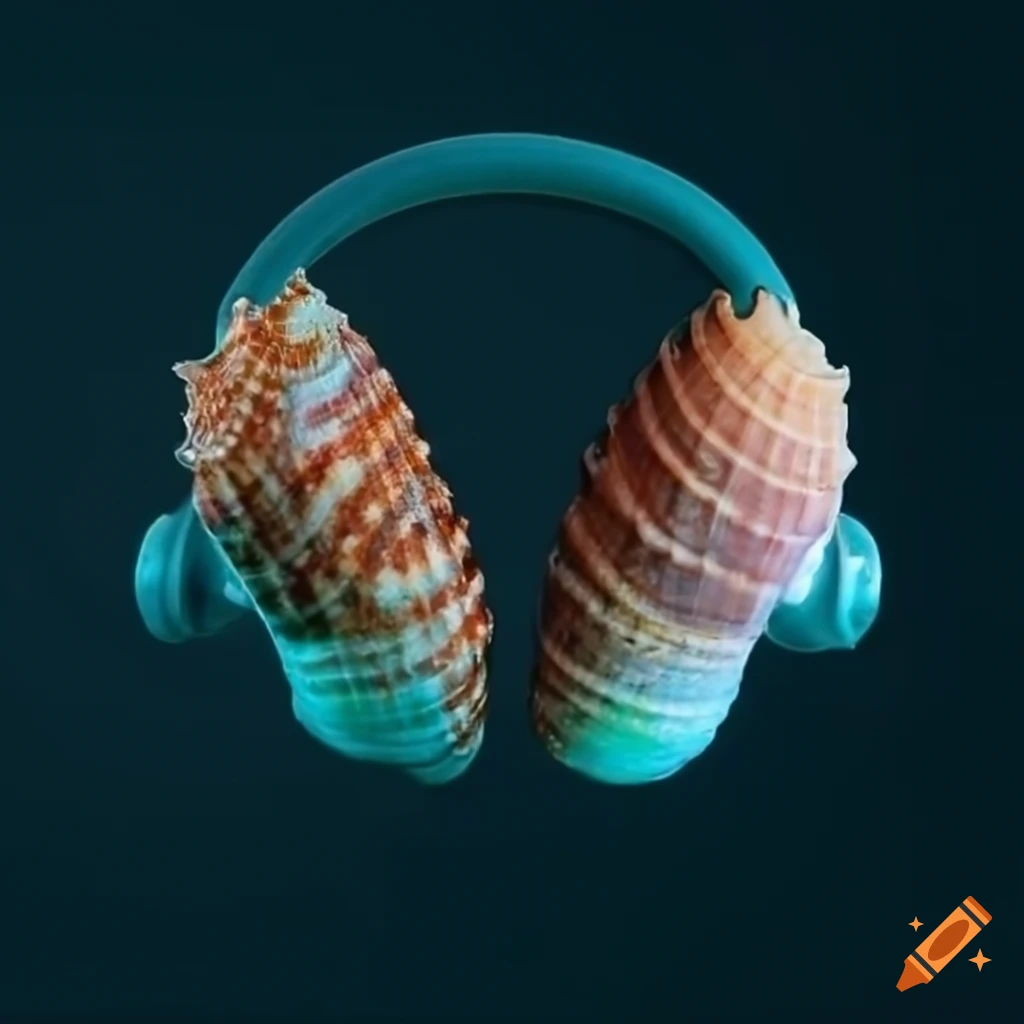 Seashells as earphones for a woman listening to music on Craiyon