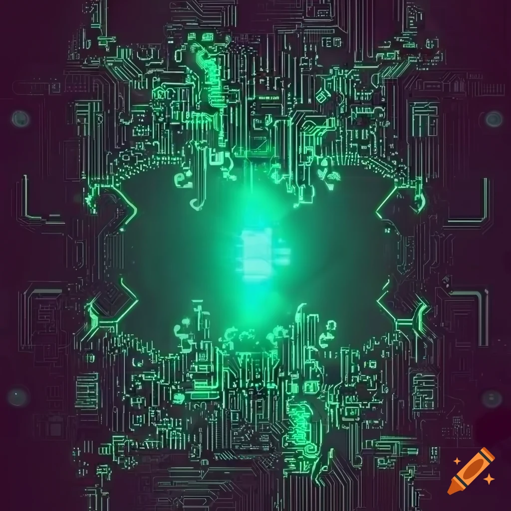 Abstract space with dark and neon green circuits leading to new ...