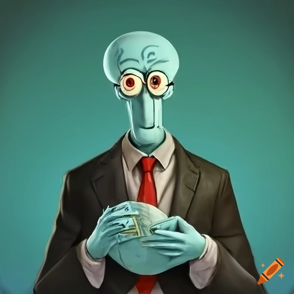 Squidward in a stylish suit holding money on Craiyon
