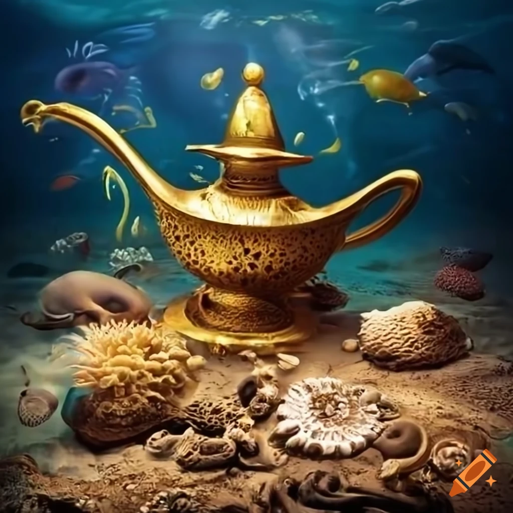 Realistic genie lamp surrounded by treasure and sea life under the sea ...