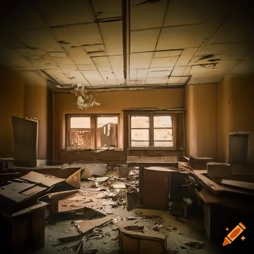 Abandoned sunny office with decaying boxes and broken glass windows in ...