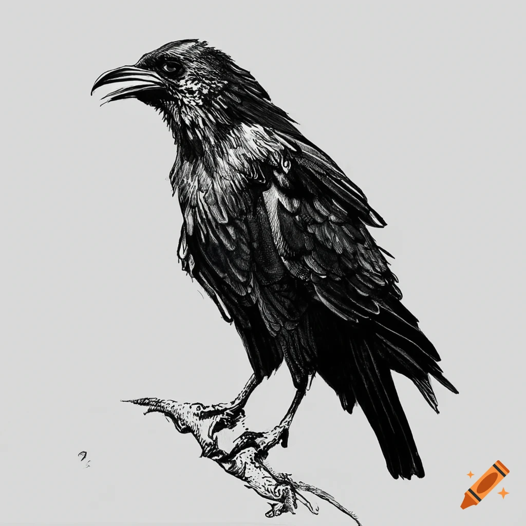 Black and white ink drawing of a raven's body on Craiyon