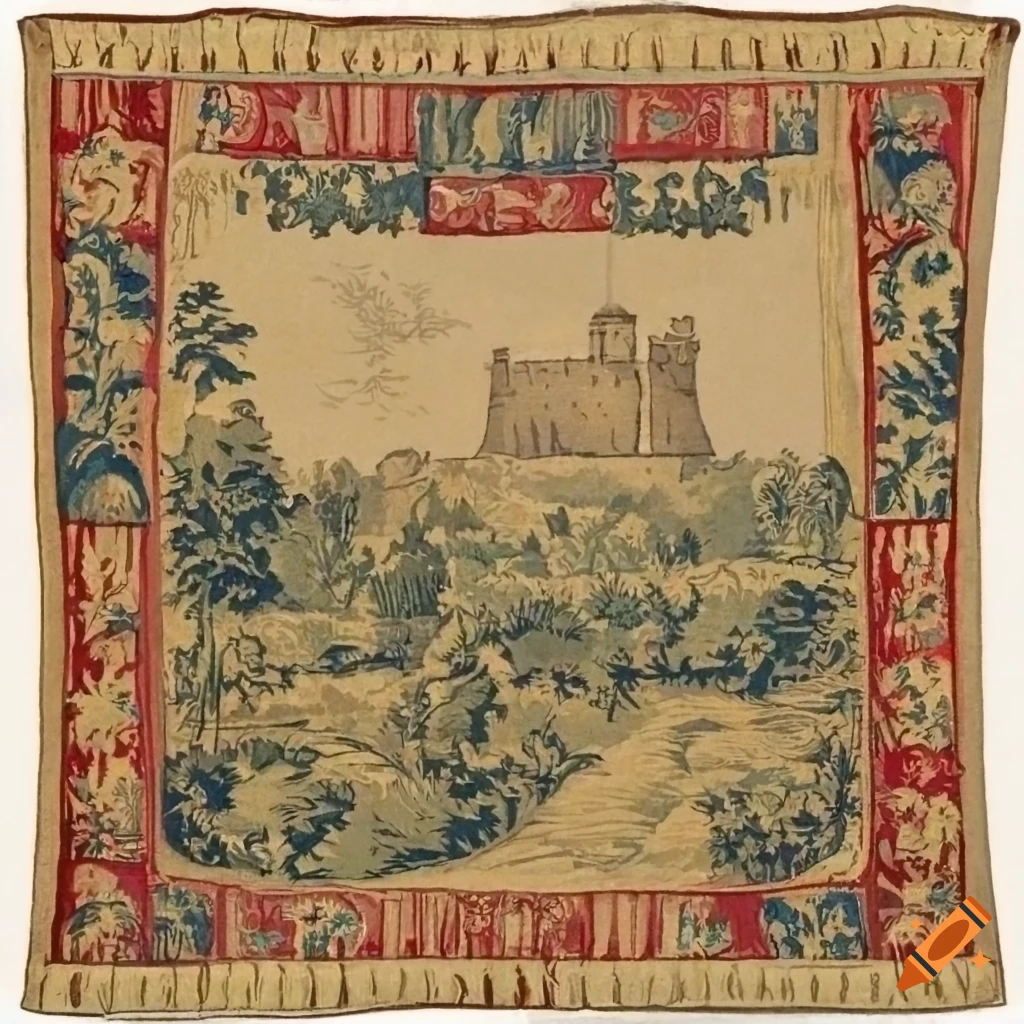 Medieval tapestry featuring a knight under a tree with a castle in the ...