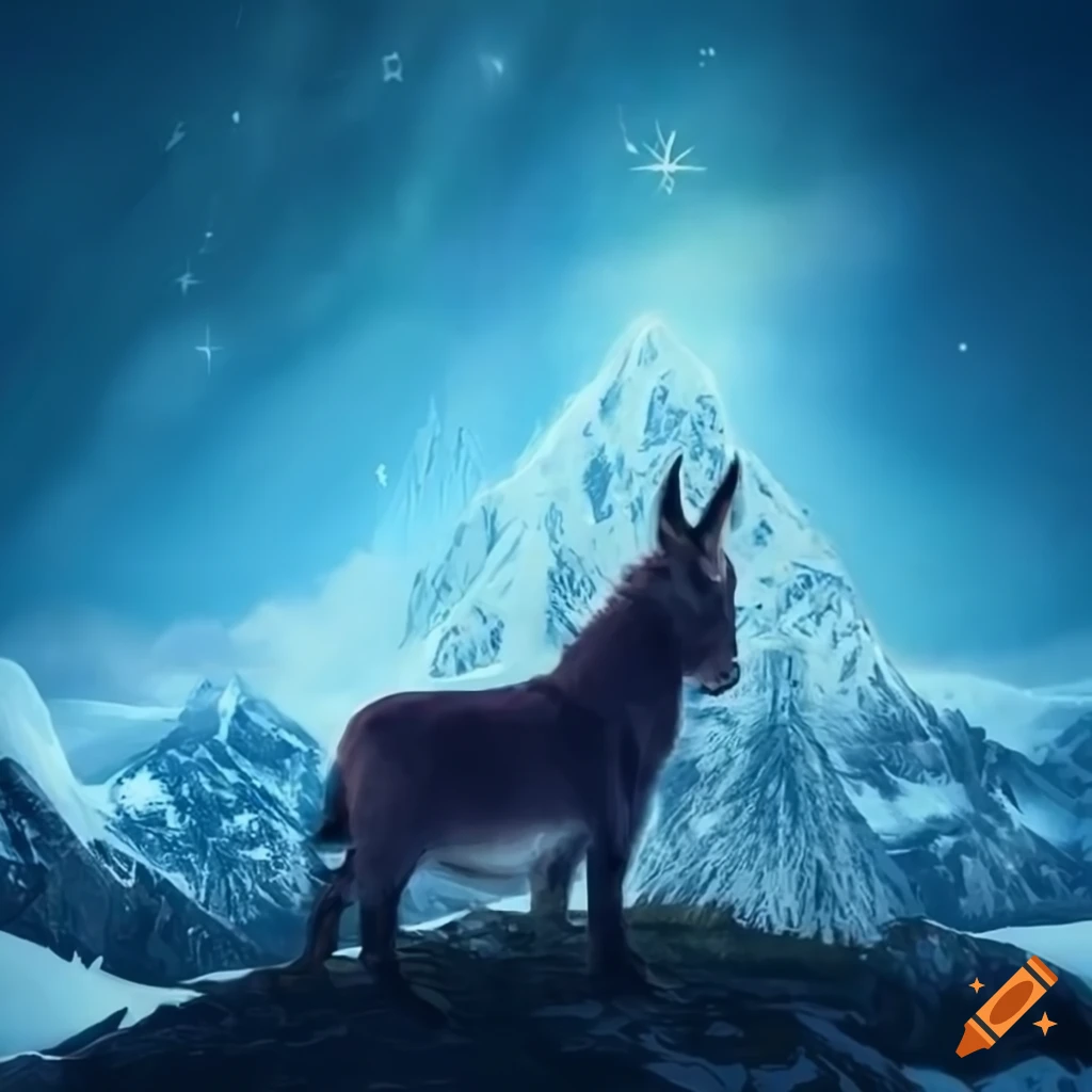 Donkey wizard in wizard attire with frozen mountains in the background ...