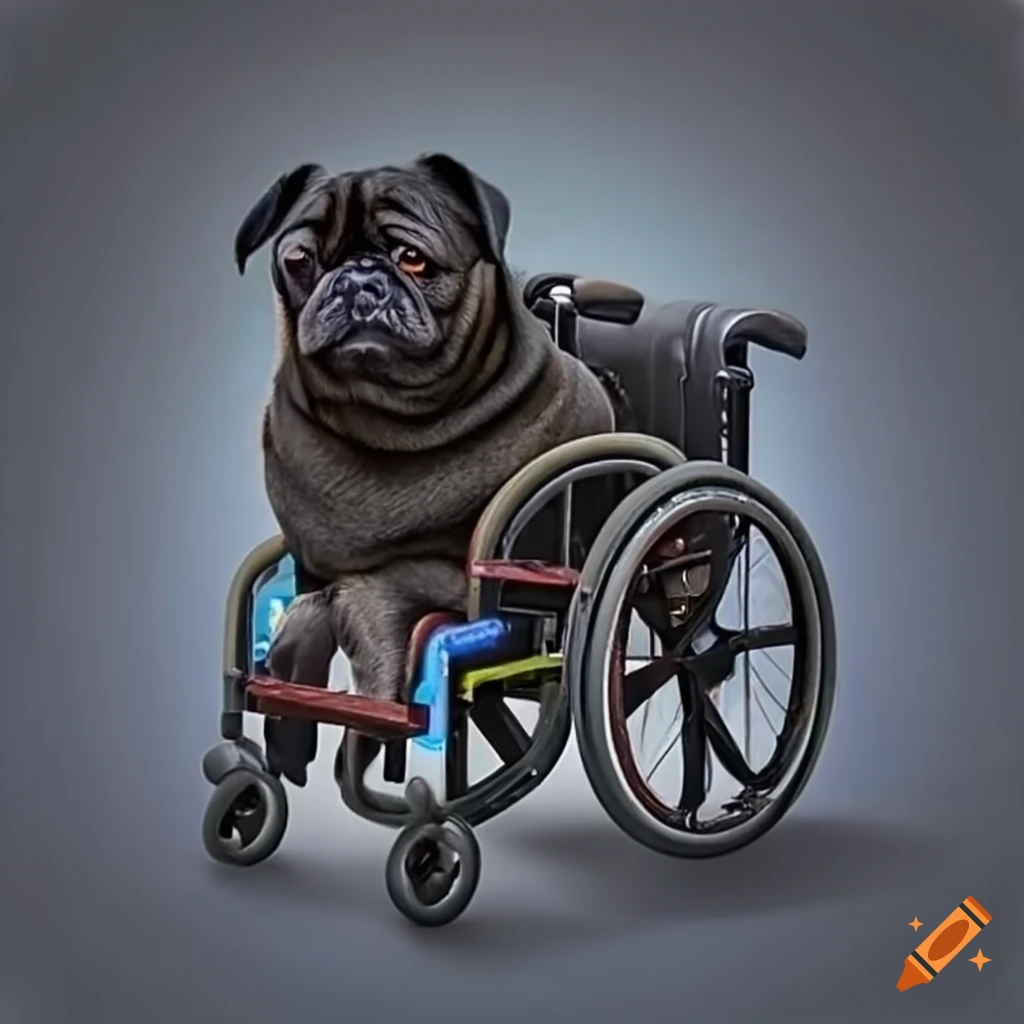 Black pug on wheelchair on Craiyon