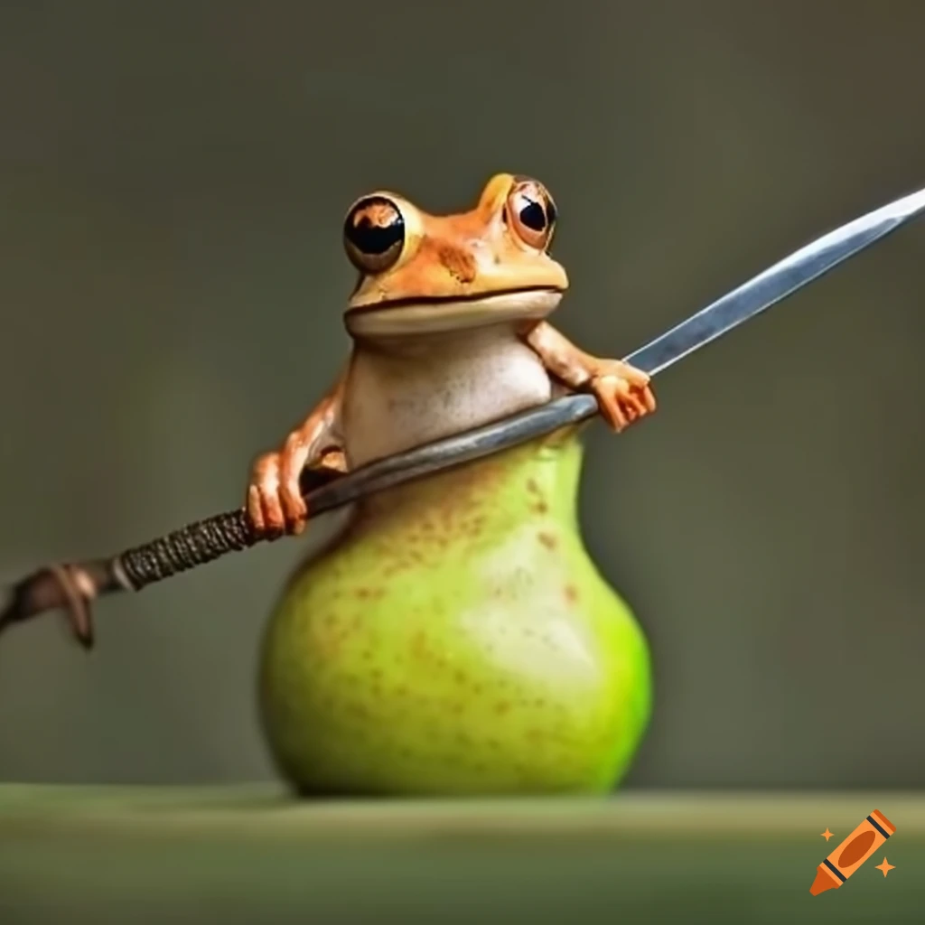 Frog with a pear on its head holding a sword on Craiyon