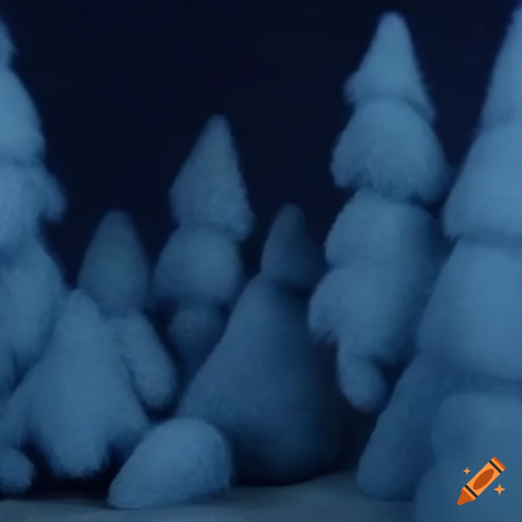 Needle felt depiction of a vast forest with a white yeti walking and snow falling on Craiyon