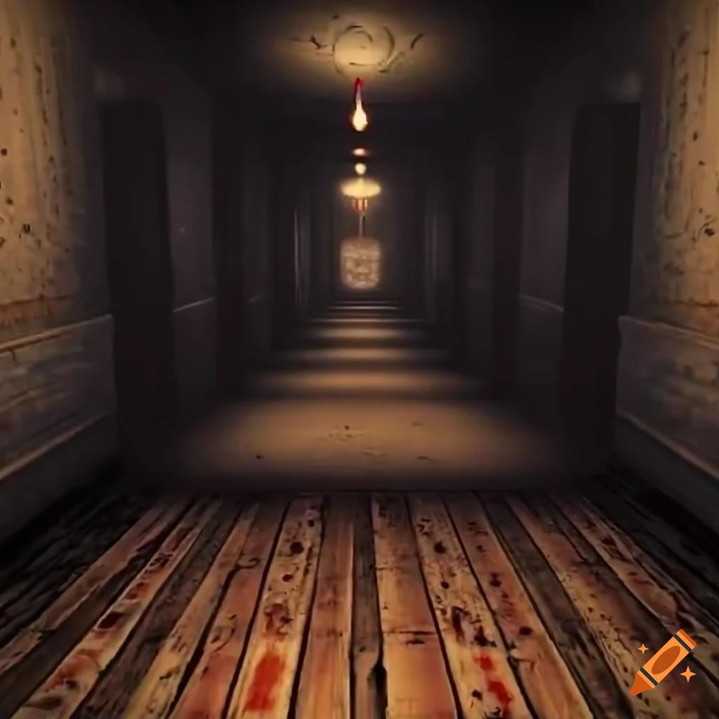 Dark hallway with candles and rustic wooden floors in PS1 style ...