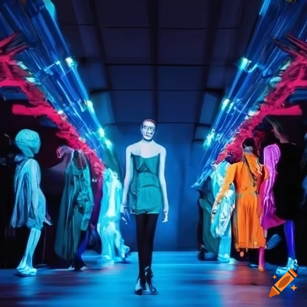 Eco-friendly apparel worn by models on a neon-lit catwalk on Craiyon