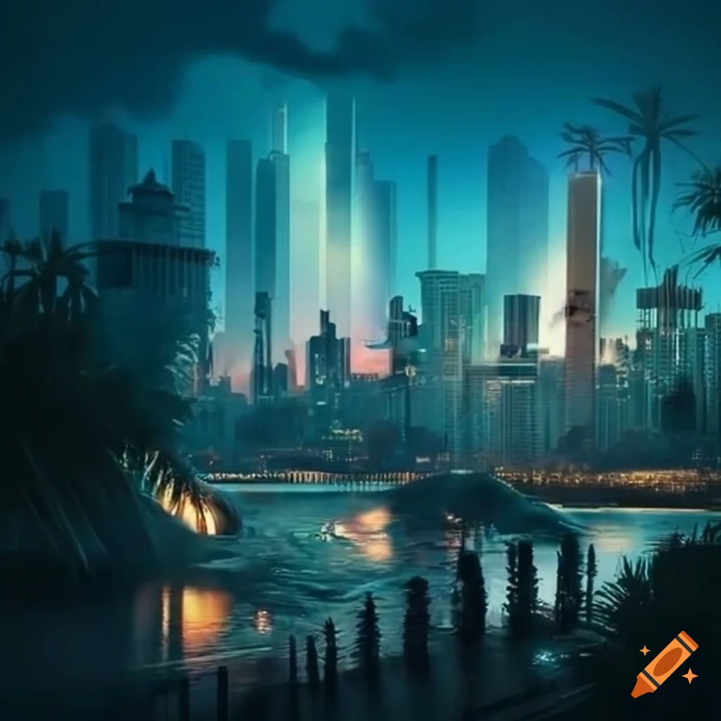 Modern metropolis with palm trees in a cinematic setting on Craiyon