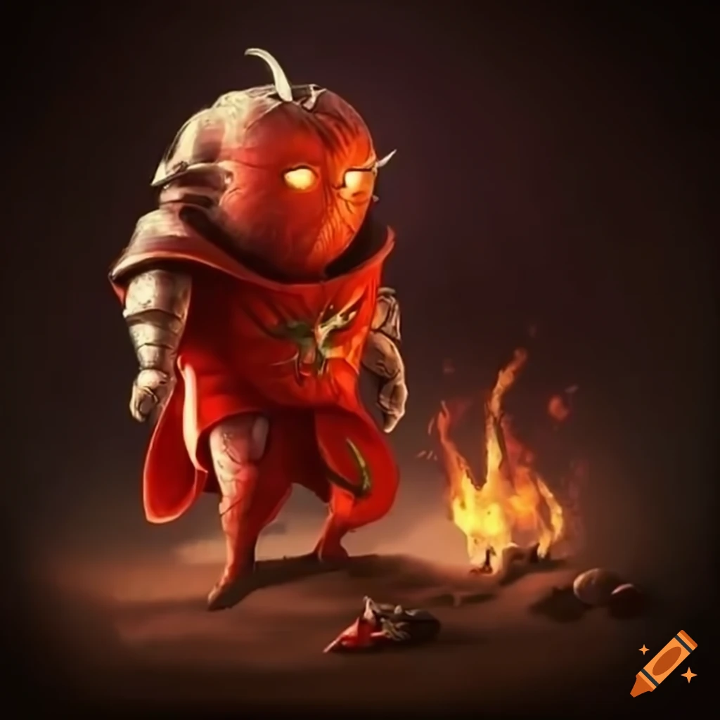 Ninja humanoid tomato in a medieval castle with a knight and dragon on ...
