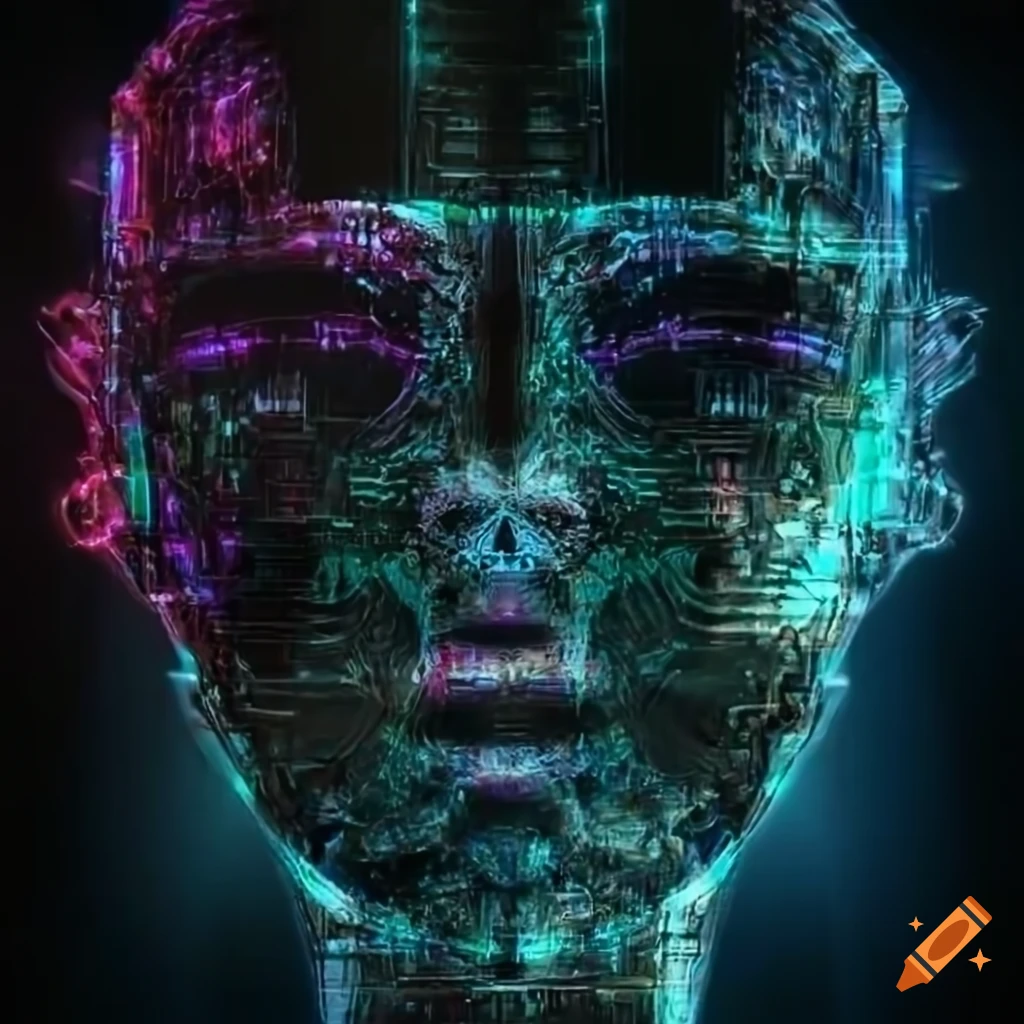 Futuristic transparent face with a solid spirit inside, dark factory ...