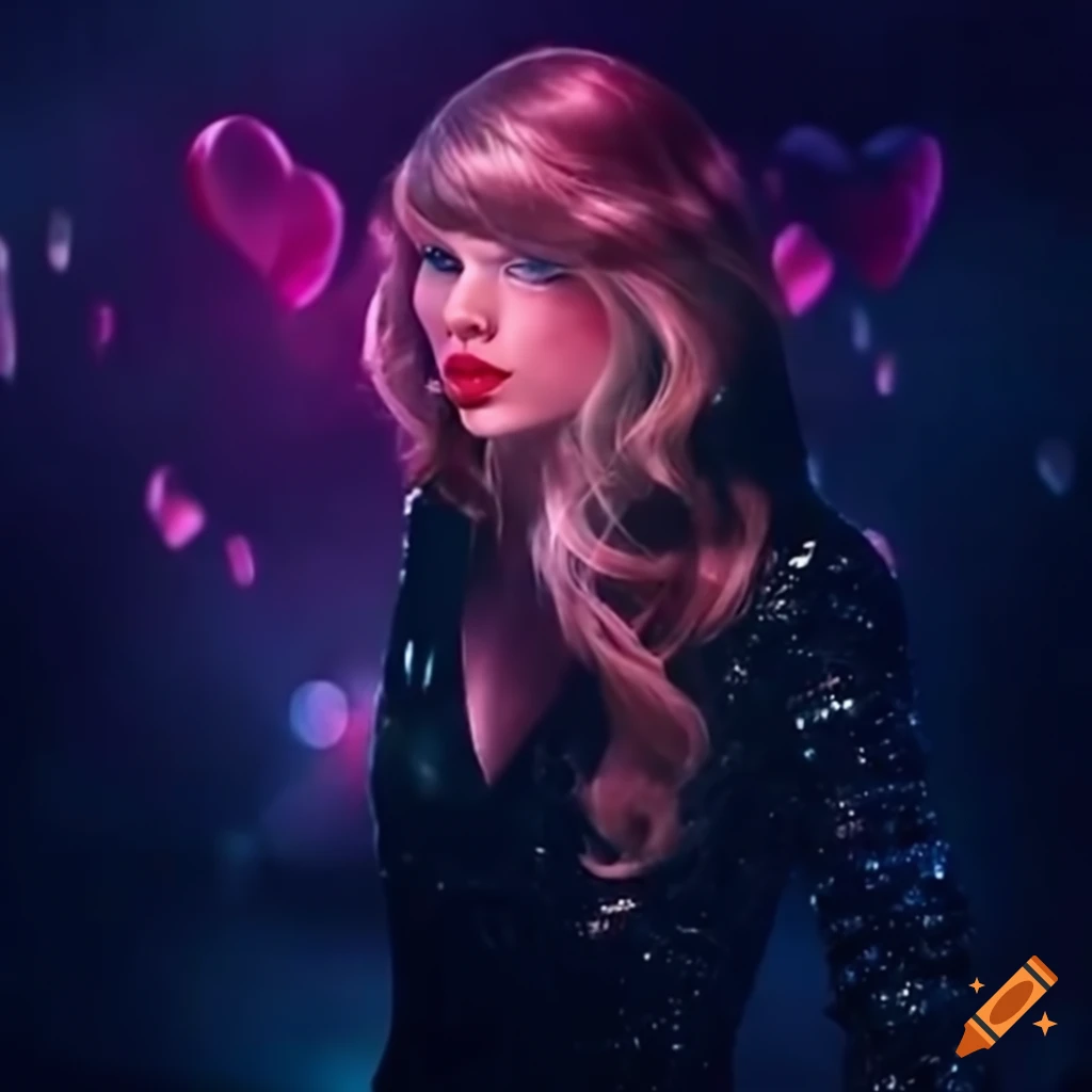 Valentine-themed Taylor Swift as an action hero with red heart shaped gemstone on Craiyon