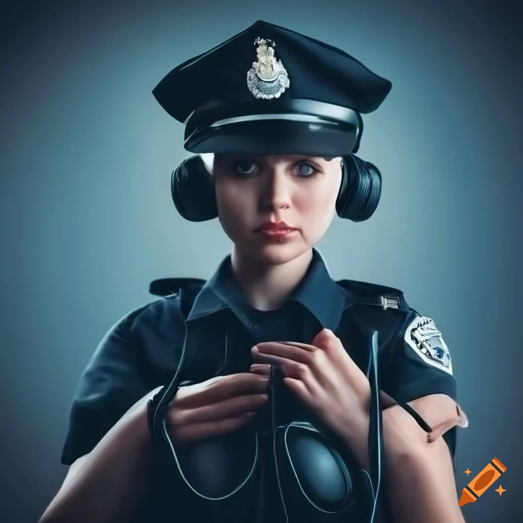 Female police lieutenant with headphones in front of a personal ...