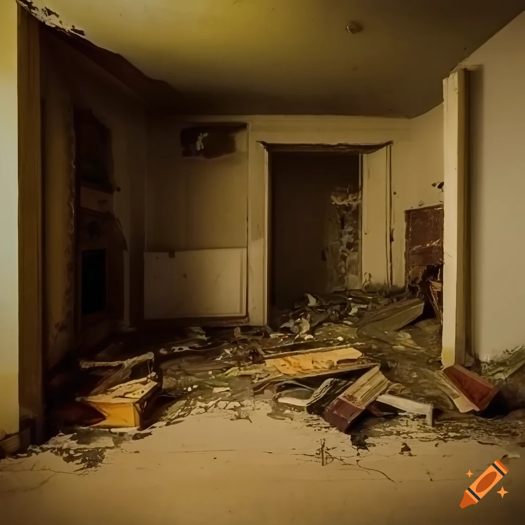 Abandoned flooded basement room with built-in cabinets and narrow ...