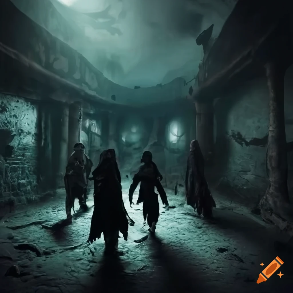 Fearless warriors standing against otherworldly enemy in an underground ...