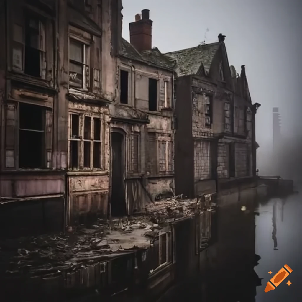 Abandoned victorian buildings sinking into water during a foggy sunset ...