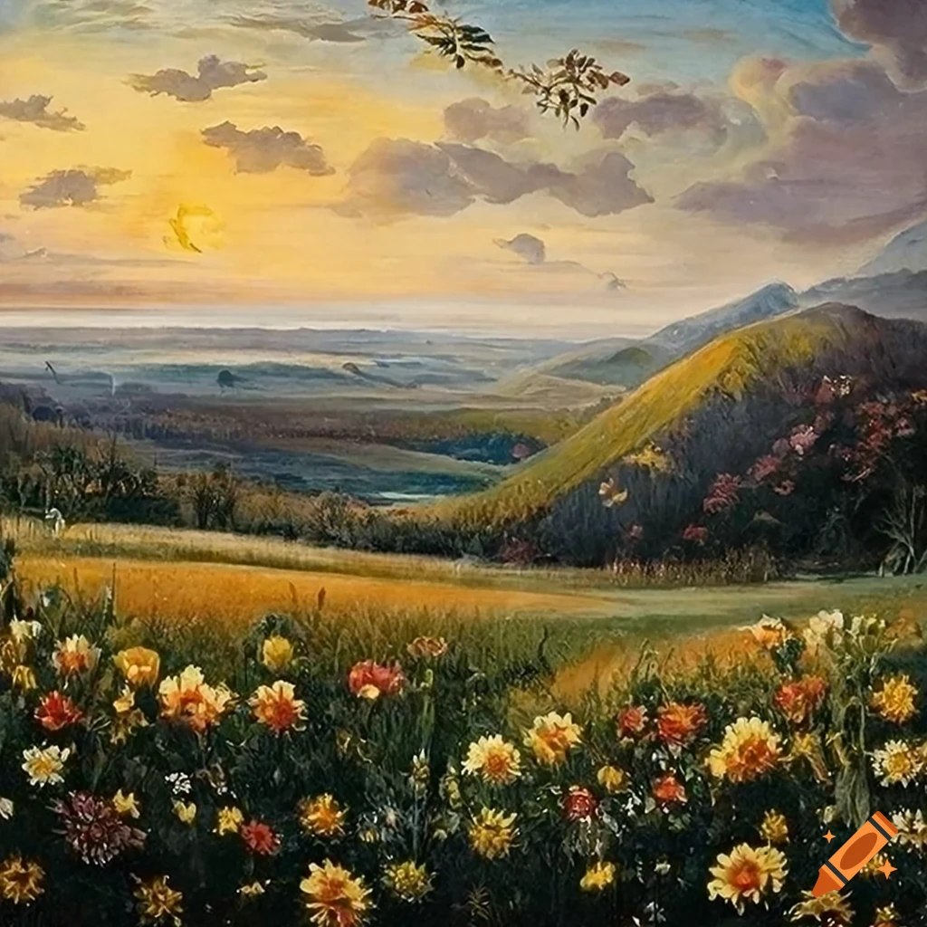 Realistic 17th century style flower field painting in muted colors on ...