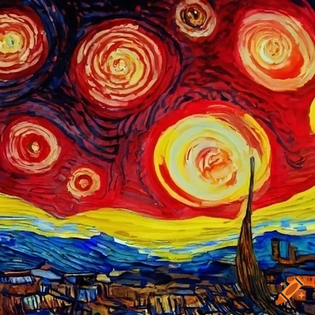 Watercolor variation of Van Gogh's Starry Night with red and yellow ...