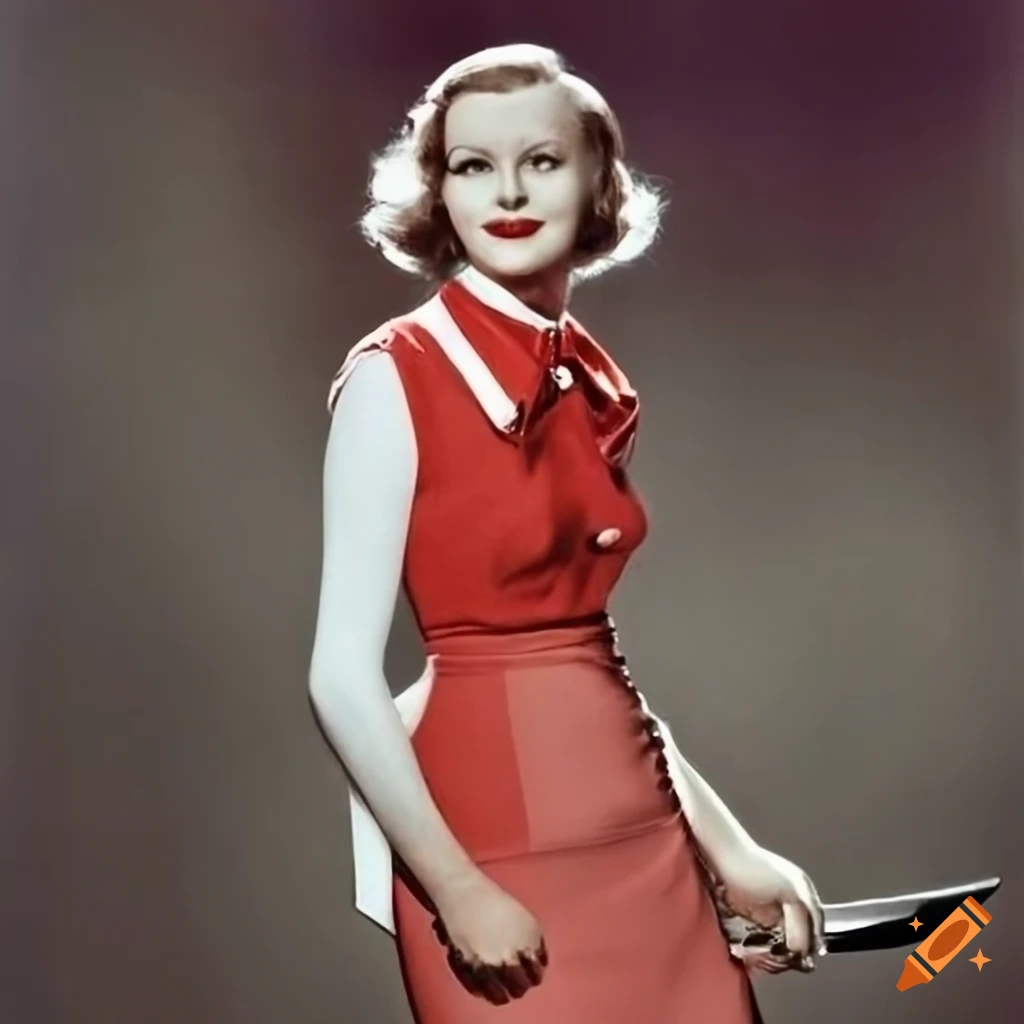 Smiling Greta Garbo in red choker, white shirt, and red pencil skirt ...