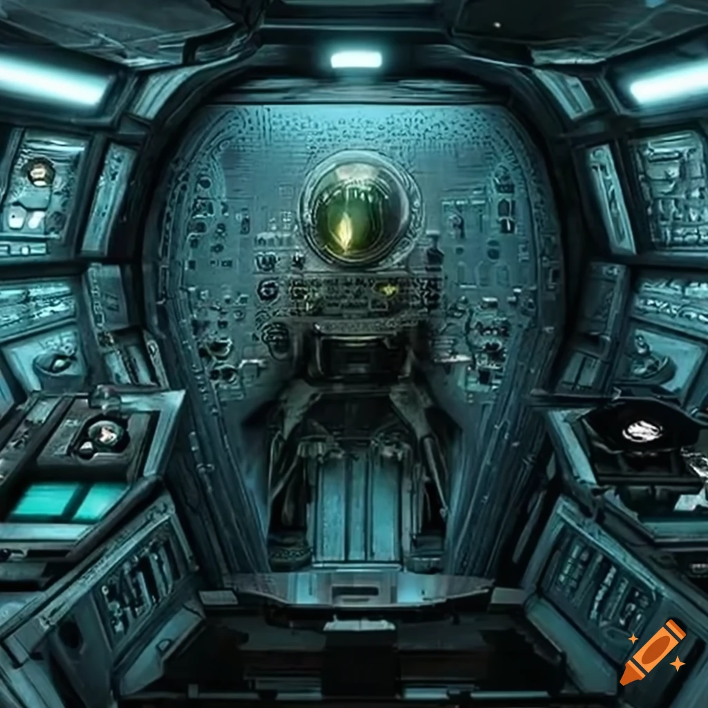 First person view of an alien ship's internal cockpit on Craiyon