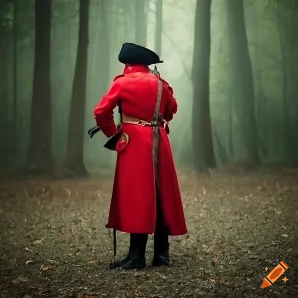 Red coat soldier in a forest with animals on Craiyon