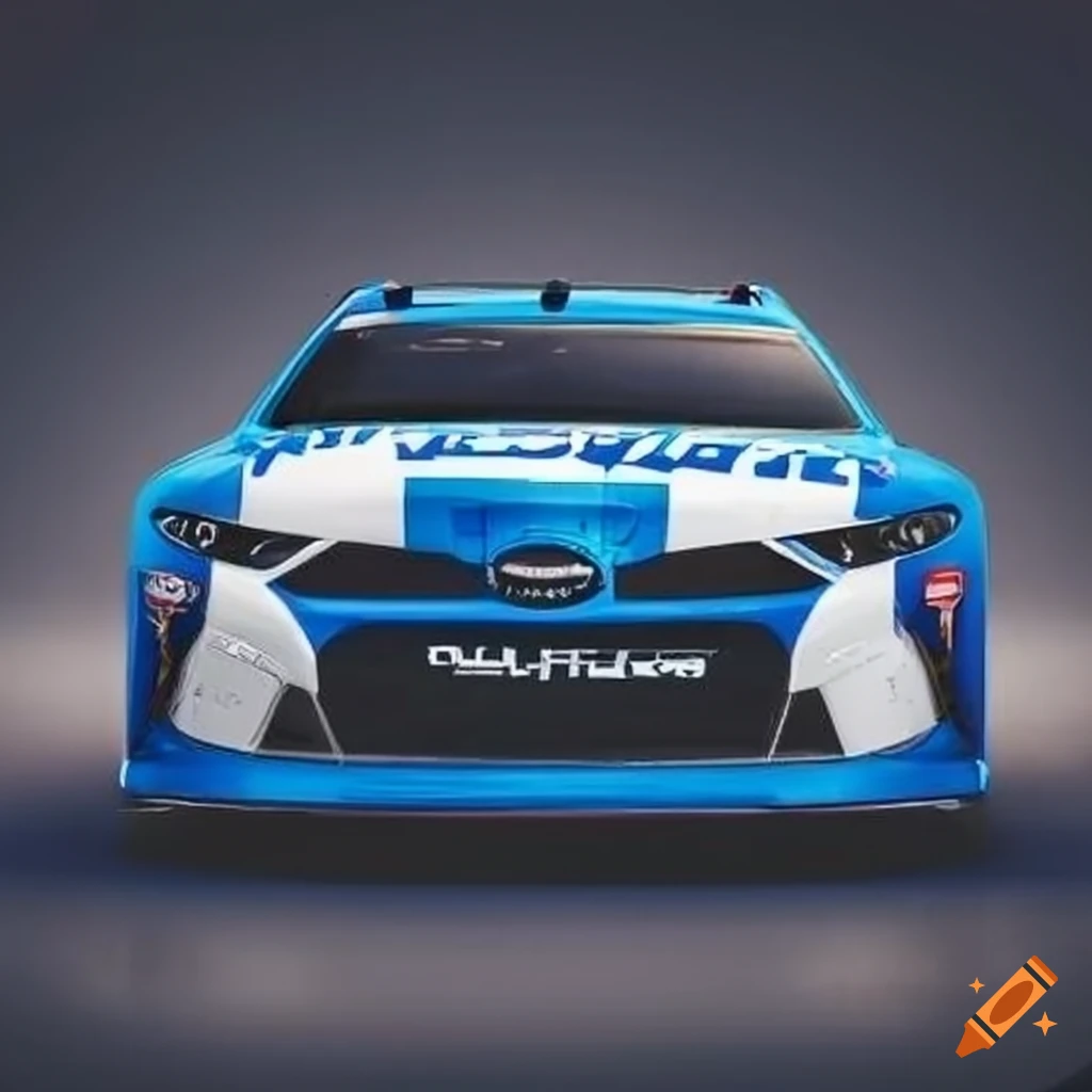 Blue and white NASCAR Cup Series car with a blue ZYN logo on Craiyon