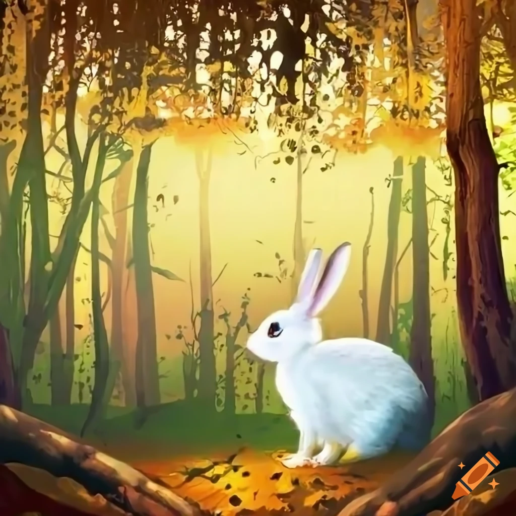 Detailed epic landscape of a white rabbit in the woods on Craiyon