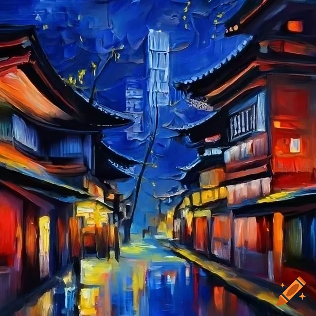 Japanese traditional city at night in an oil painting on Craiyon