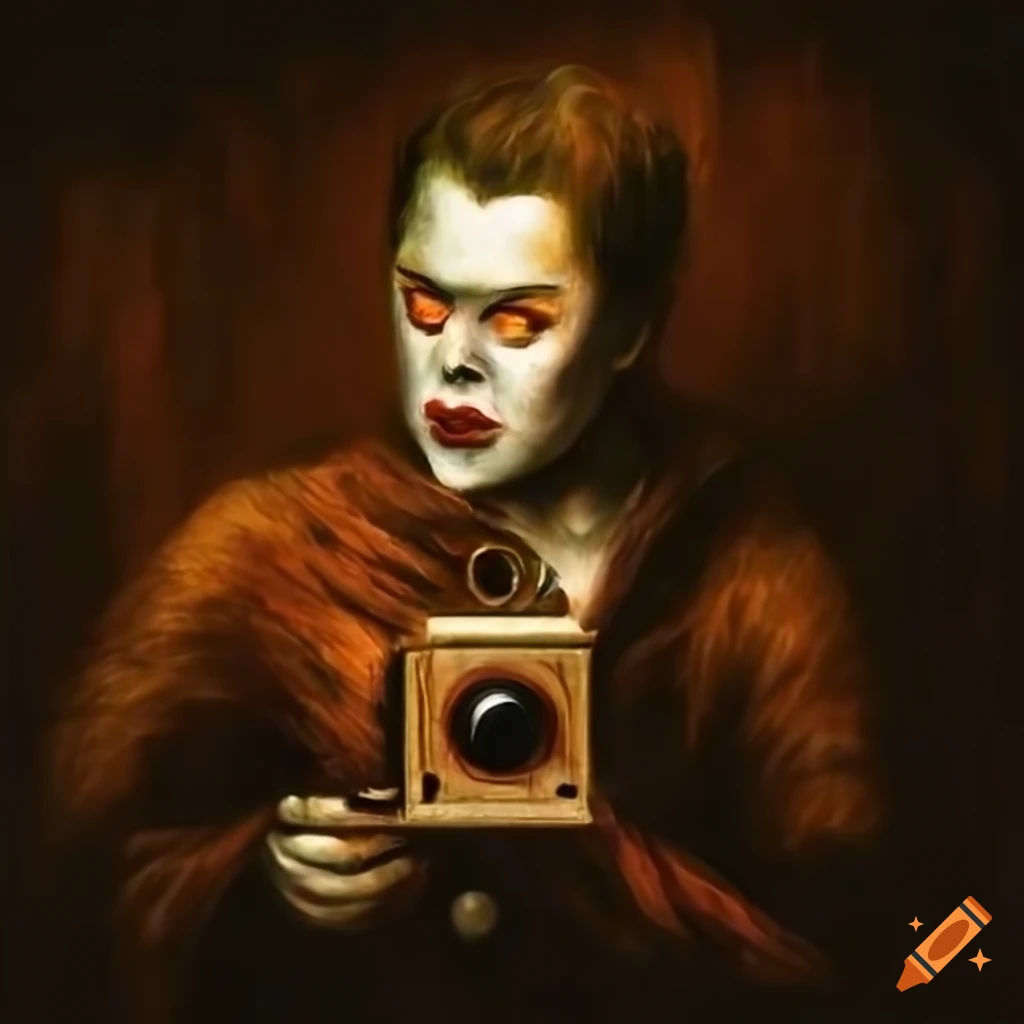 Vampire with an ancient wooden camera at sunrise in the style of a ...