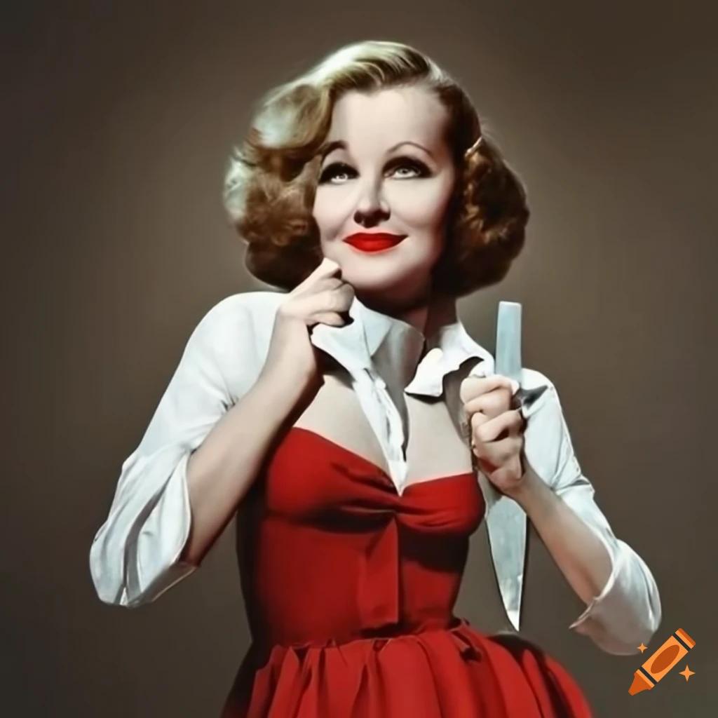 Smiling Greta Garbo in red choker, white shirt, red pencil skirt ...