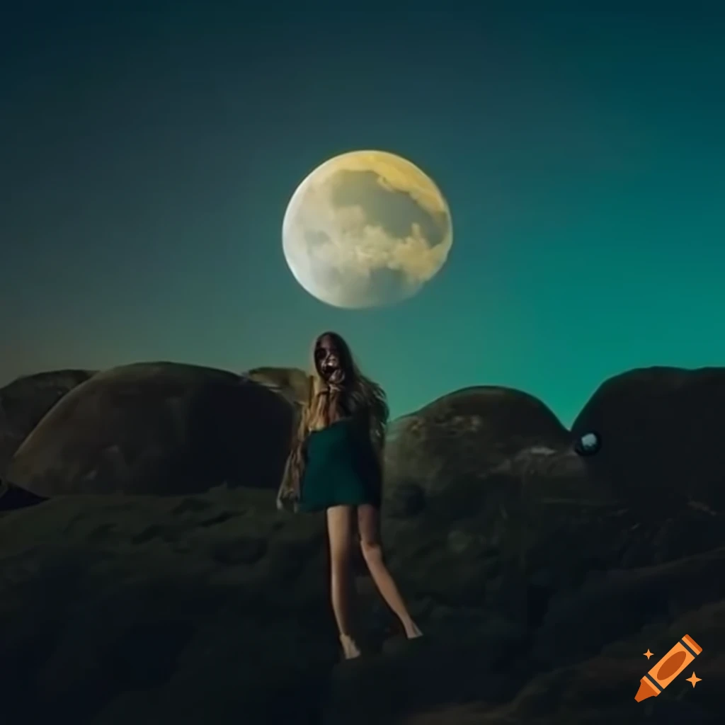 Sultry retro sci-fi girl on alien planet under gibbous moon on Craiyon