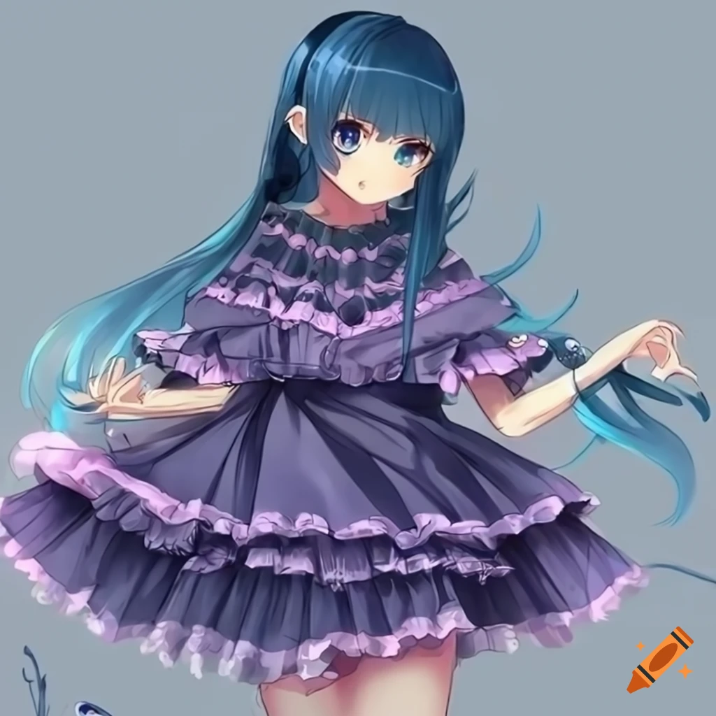 Anime girl with dark blue hair and frilly layered dress on Craiyon