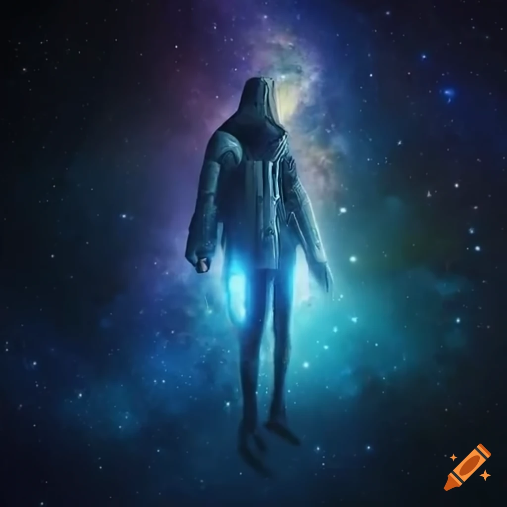 Futuristic man in a silver cloak levitating in a starry galaxy with a ...