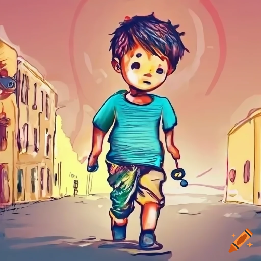 Drawing of a boy walking down the street on Craiyon
