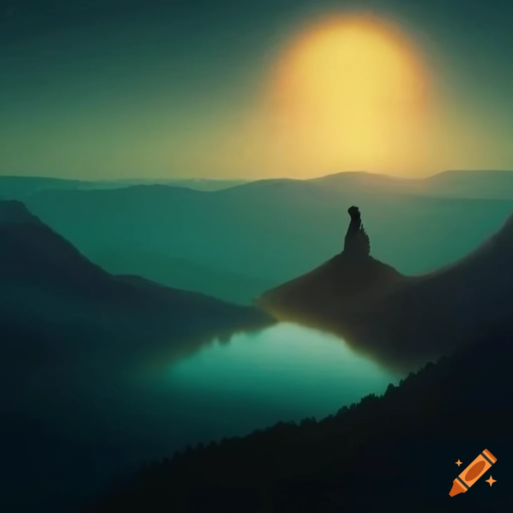 Surreal landscape in setting sun with mountains, rivers, and lone ...