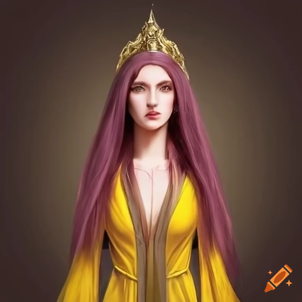 Beautiful woman with long mauve hair raising a sharp blade in ancient ...