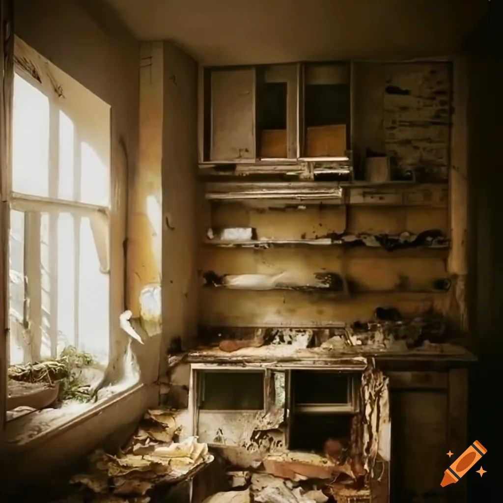 Foggy flooded abandoned kitchen with built-in cabinets and exposed bricks on Craiyon