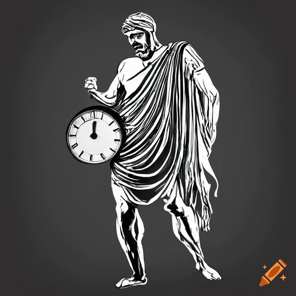 Ancient greek man surrounded by clocks in a dark background on Craiyon