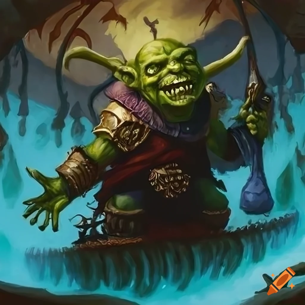 Goblin boss leviathan searching for the holy grail in mtg art on Craiyon