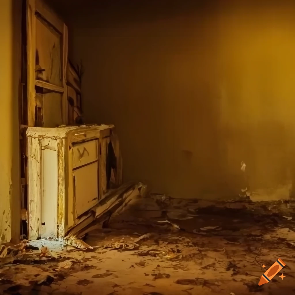 Abandoned flooded basement room with built-in cabinets and narrow ...