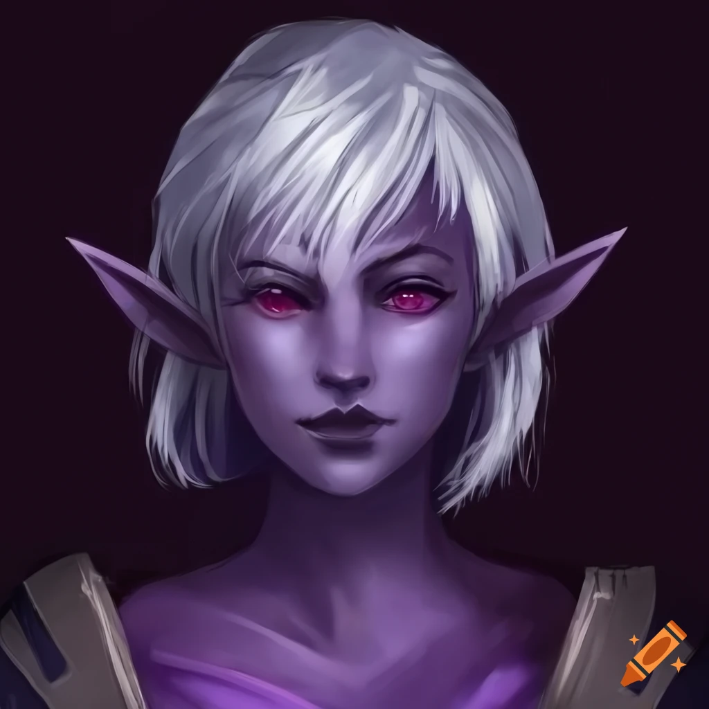 Young woman drow with purple skin and dark paladin armor, warm smile on ...
