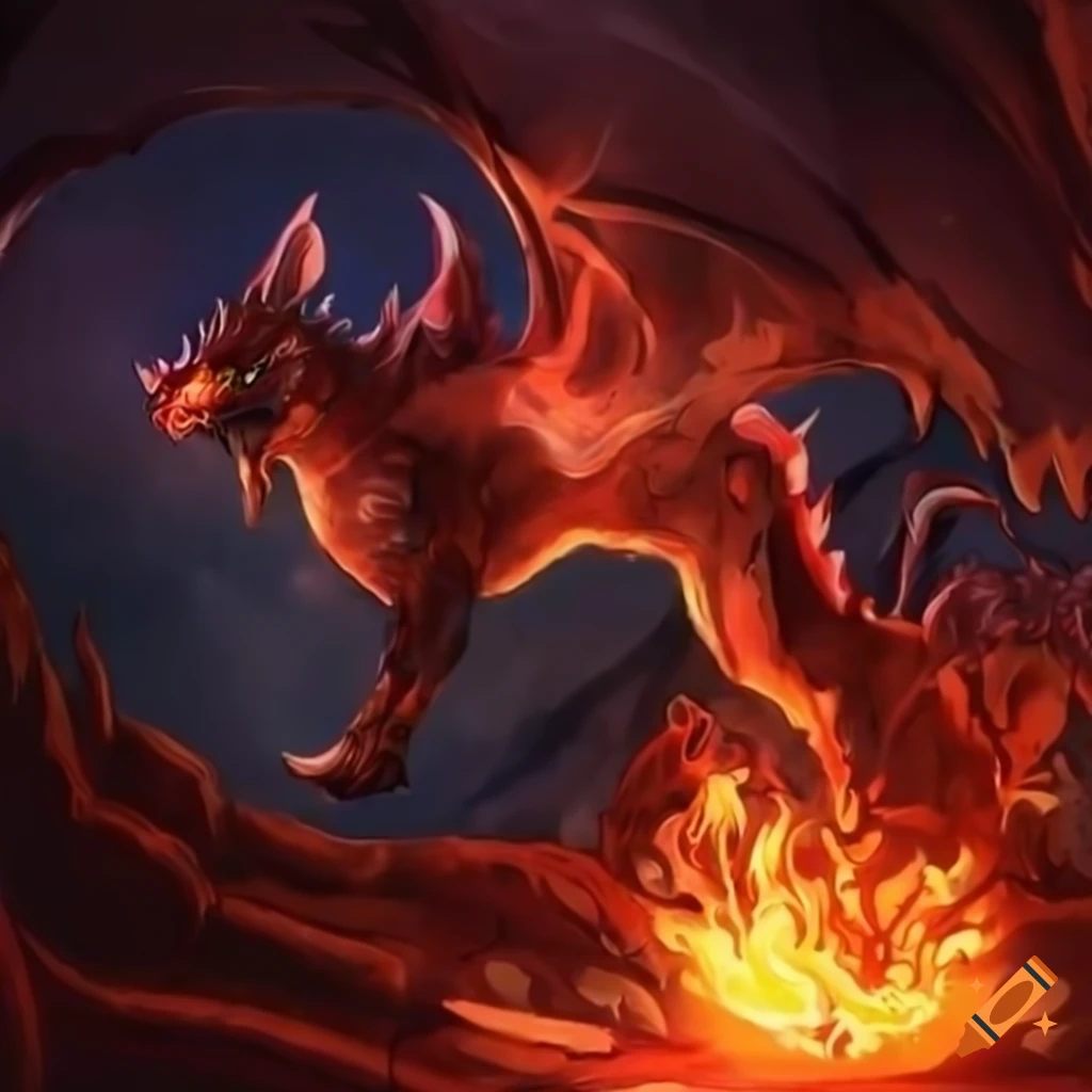 Intricate mythical dragon-dog with fiery details on Craiyon