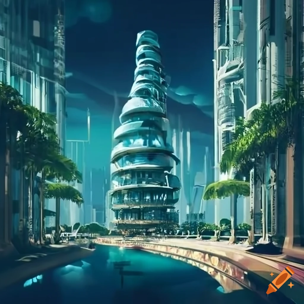 Futuristic tropical city with palm trees in a solarpunk setting on Craiyon