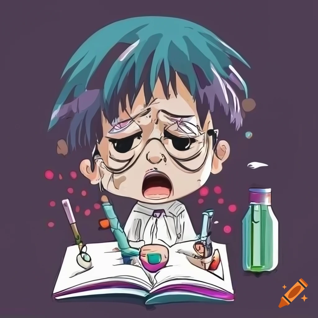 Cartoon of a frustrated author with scientist equipment writing a book ...
