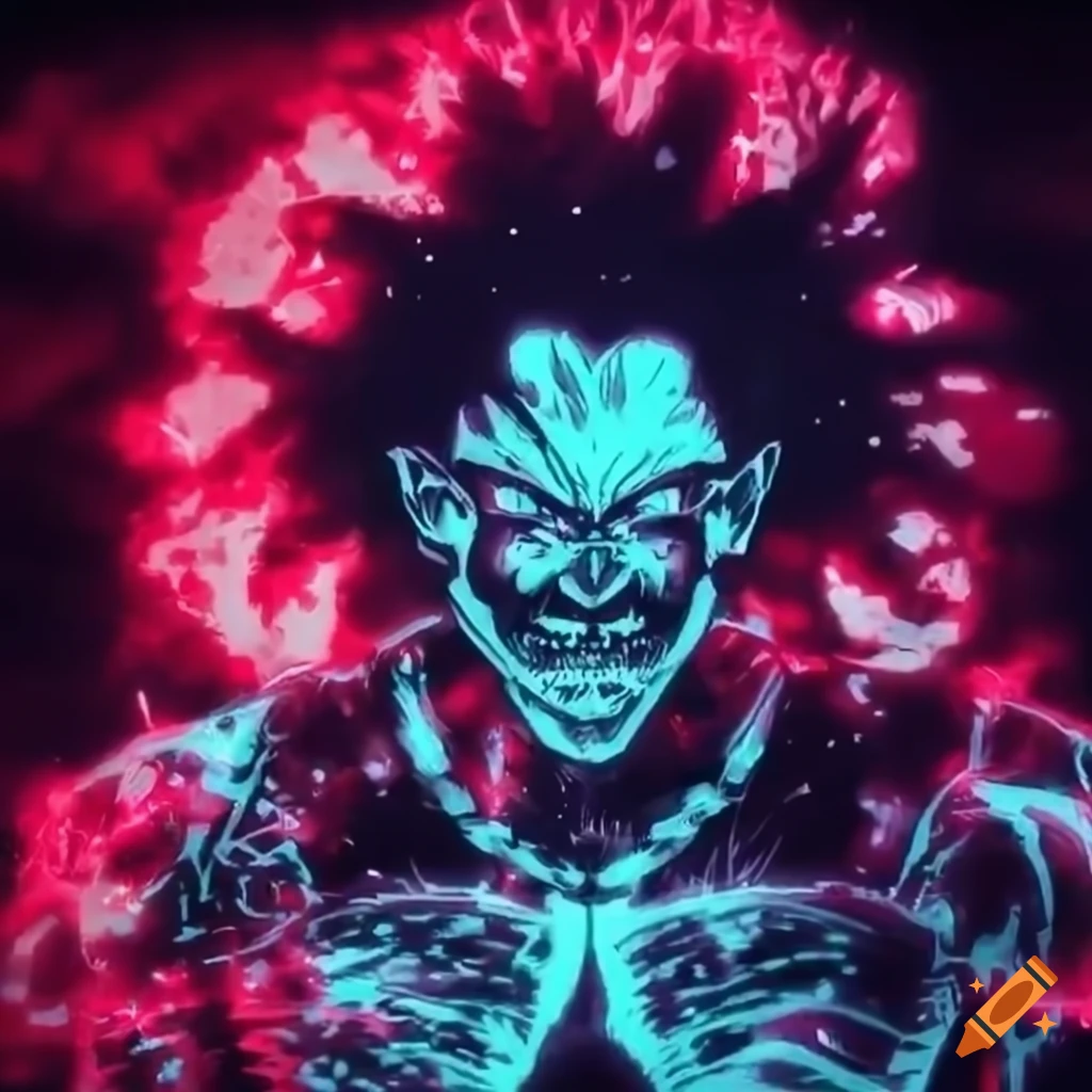 Analog horror art of ghost rider, Lord Zedd, and Infrared Broly on Craiyon