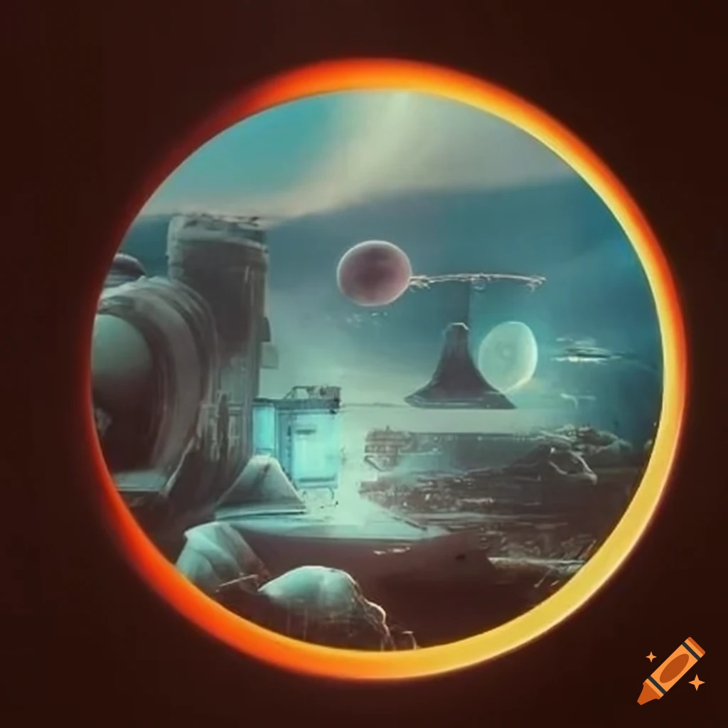 70s sci-fi space viewed through a circular window on Craiyon