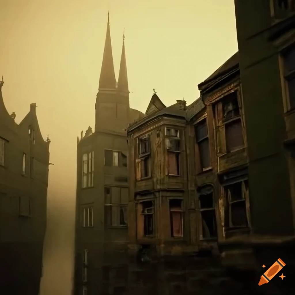 Abandoned victorian buildings sinking into water in foggy sunset on Craiyon